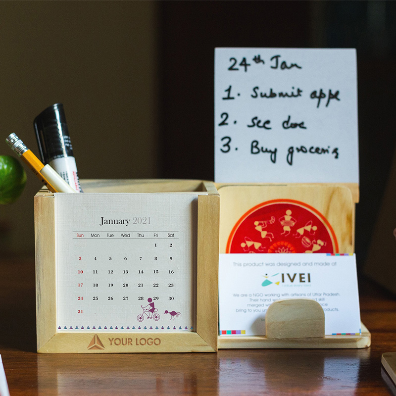 Custom Warli Multi-Utility Calendar Desk Organiser | Add Your Name & Logo