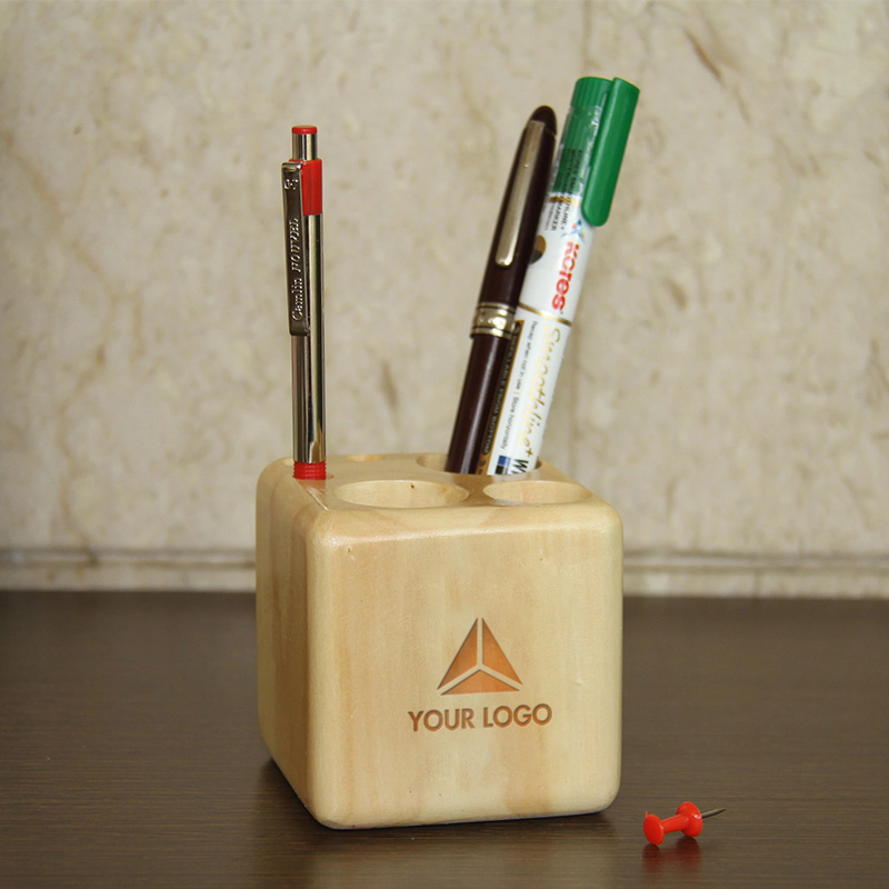 Personalised Wooden Pen Stand Cube: Custom Pen Stand with Company Logo ...